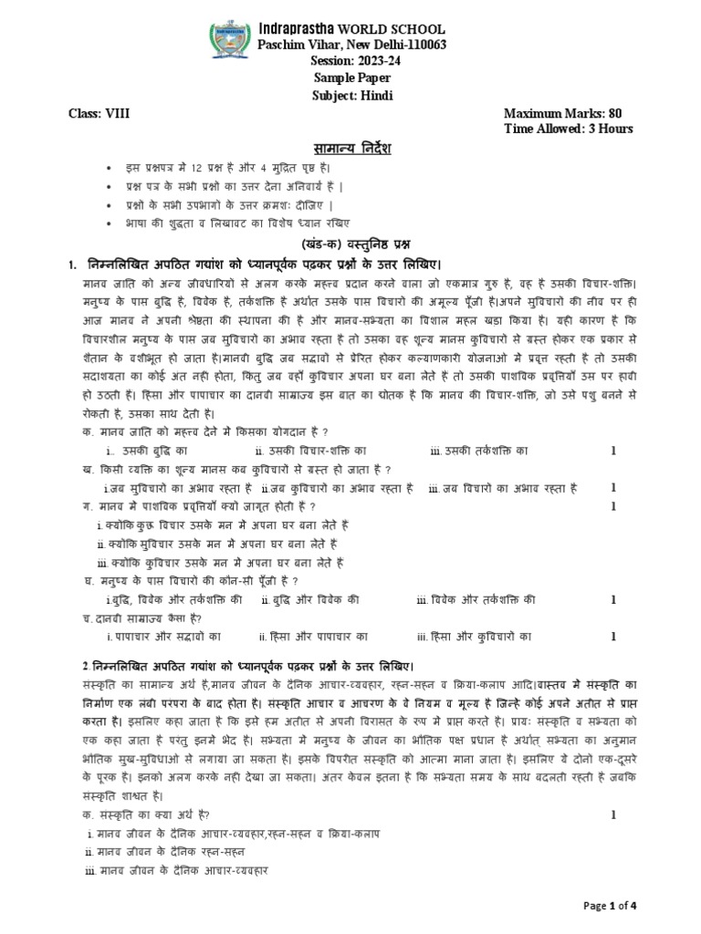 VIII Hindi Sample Paper | PDF