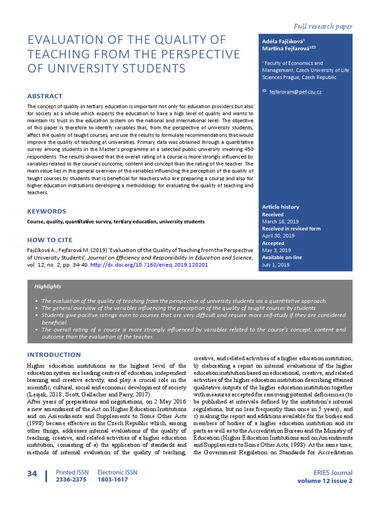 Evaluation of Teaching Quality From Uni Studentrs | PDF | Teachers ...