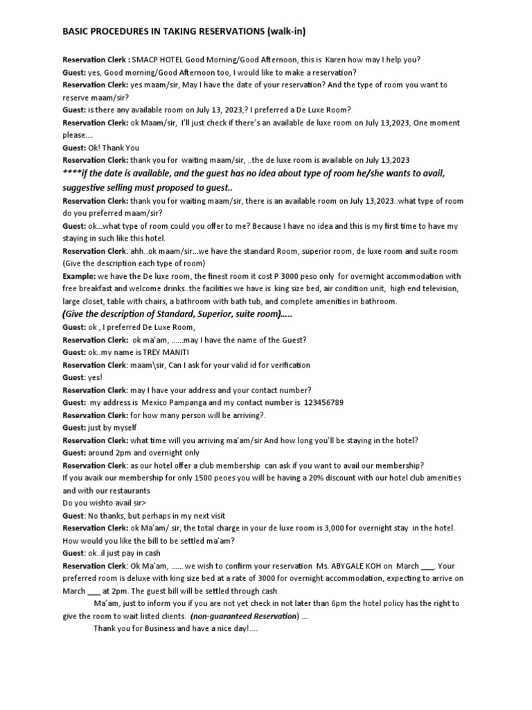 Basic Procedures in Taking Reservations (Walk-In) | PDF | Hotel | Service Industries