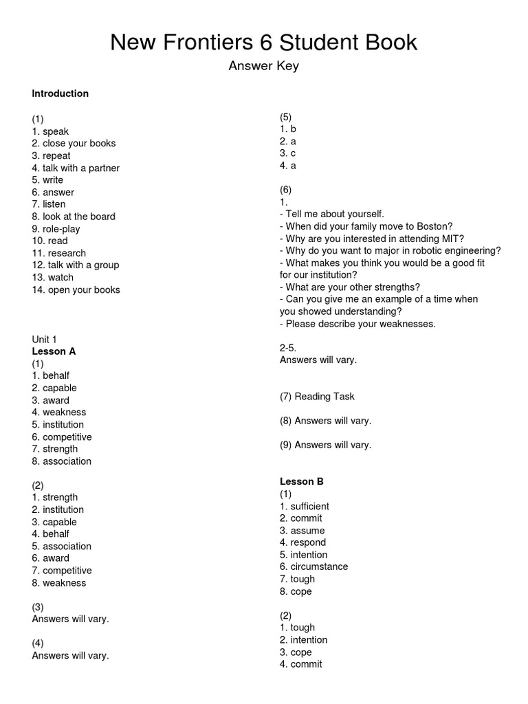 New Frontiers 6 Student Book AnswerKey | PDF | Interest
