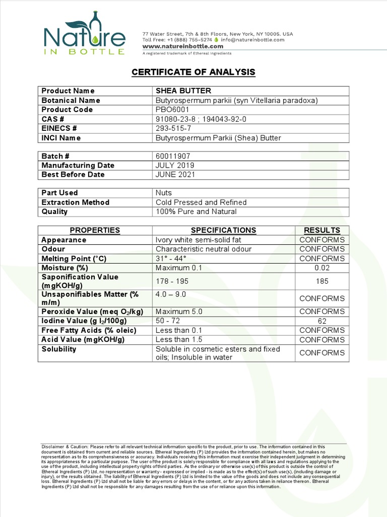 Shea Butter COA | PDF | Chemical Substances | Chemistry
