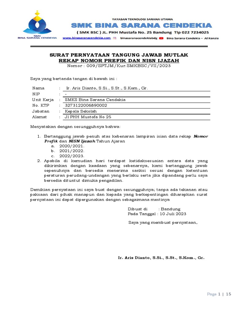 Draft SPTJM Rekap Prefik & Nisn Ijazah | PDF