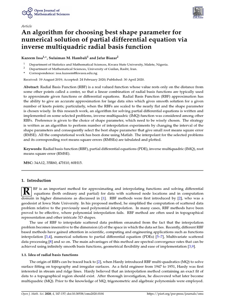 An Algorithm For Choosing Best Shape Parameter For Pdf Partial Differential Equation