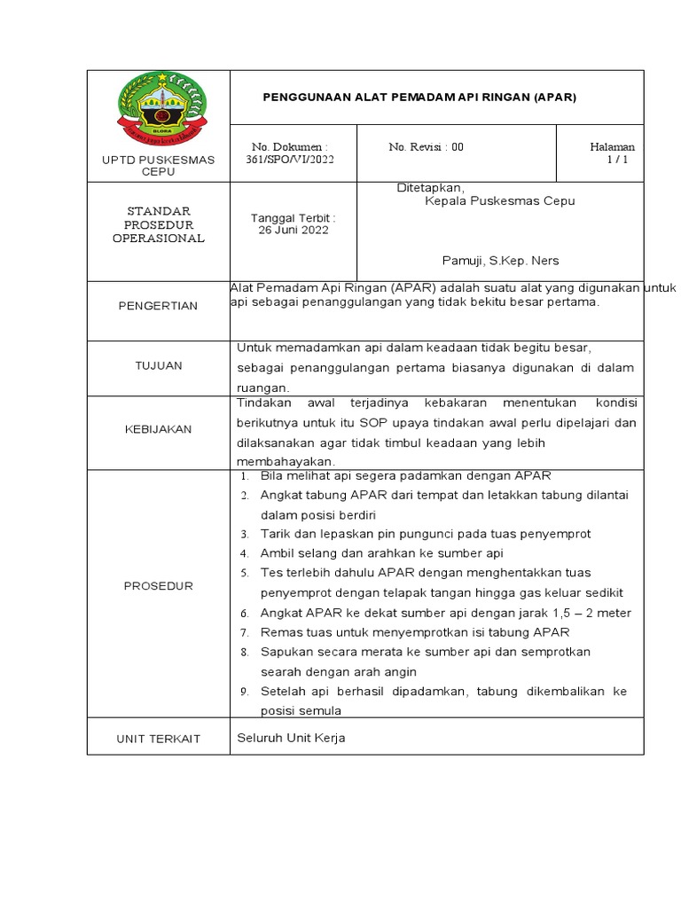 Panduan Penggunaan APAR di Puskesmas | PDF