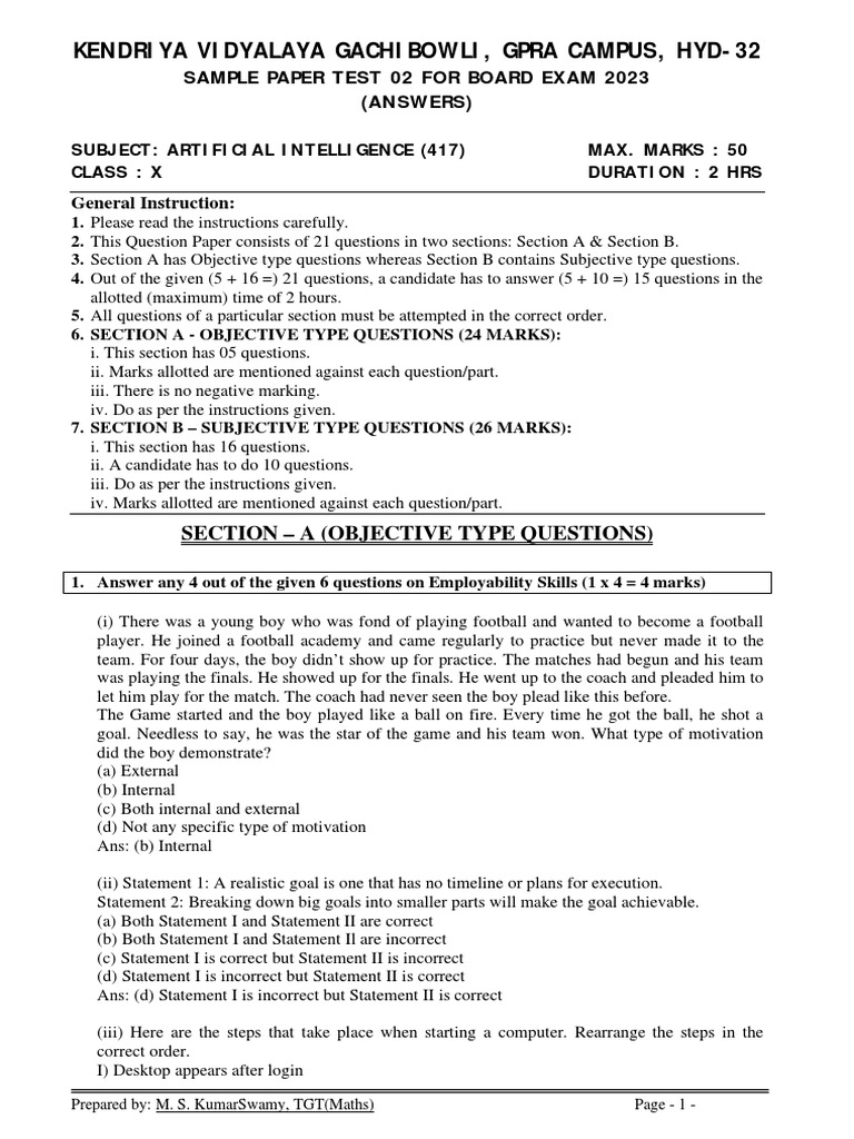 Artificial Intelligence 417 Class X Sample Paper Test 02 For Board Exam ...