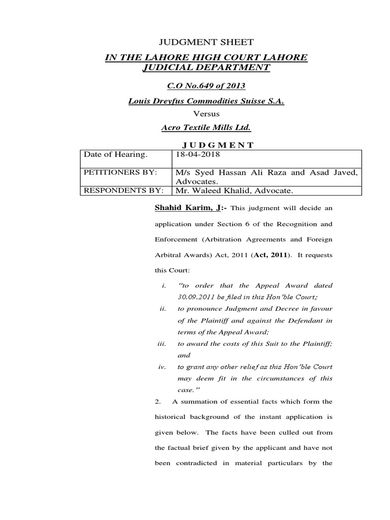 In The Lahore High Court Lahore Judicial Department: Judgment Sheet ...
