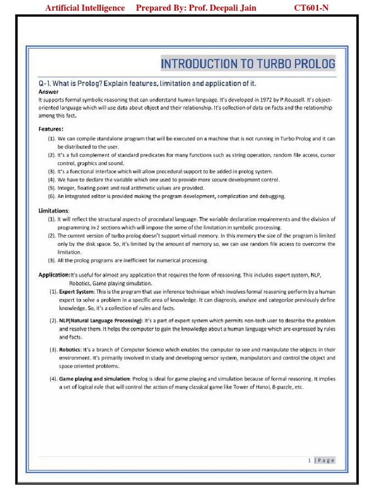AI Fundamentals of Prolog by Prof. Deepali Jain | PDF