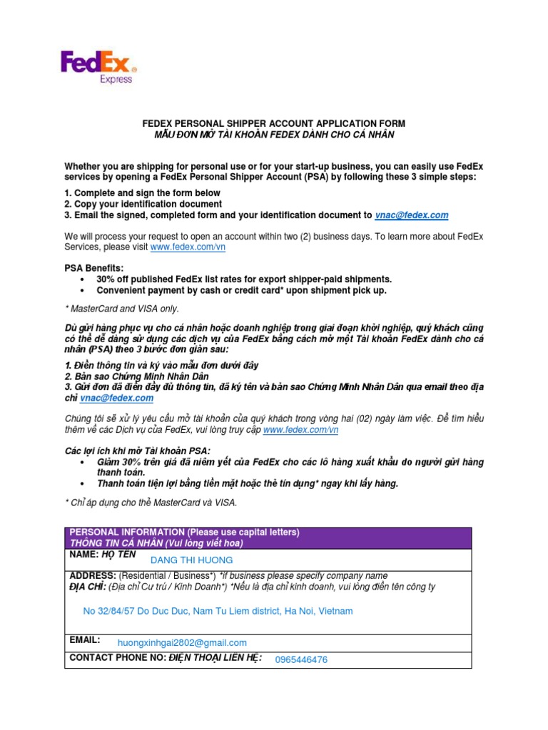 Fedex Account Personal VI VN | PDF