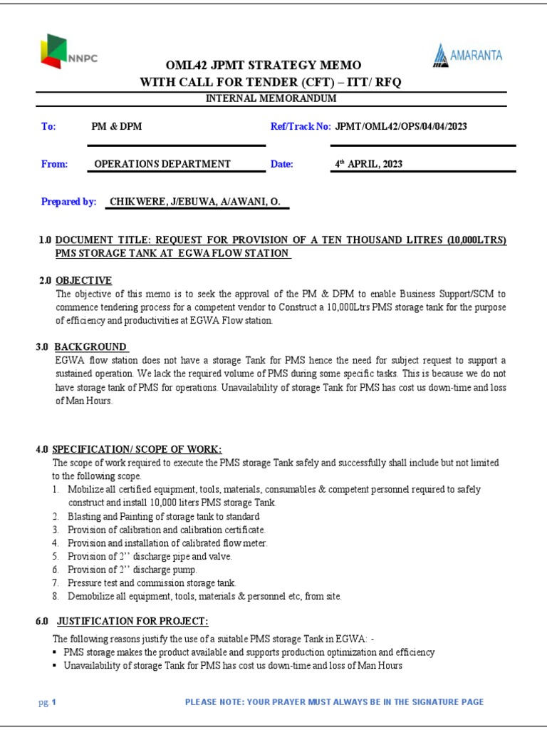 Strategy Memo - Egwa PMS Storage Tank | PDF | Supply Chain Management ...