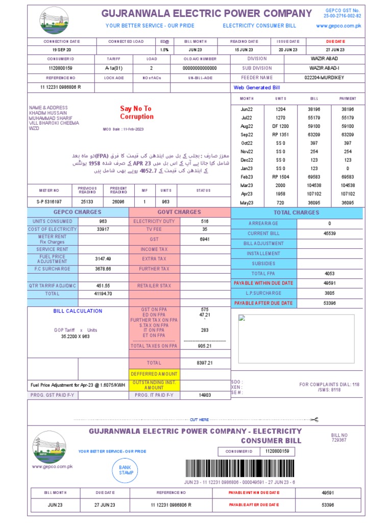 Gepco Online Bill - Muhammad Hussain | PDF | Fee | Taxes