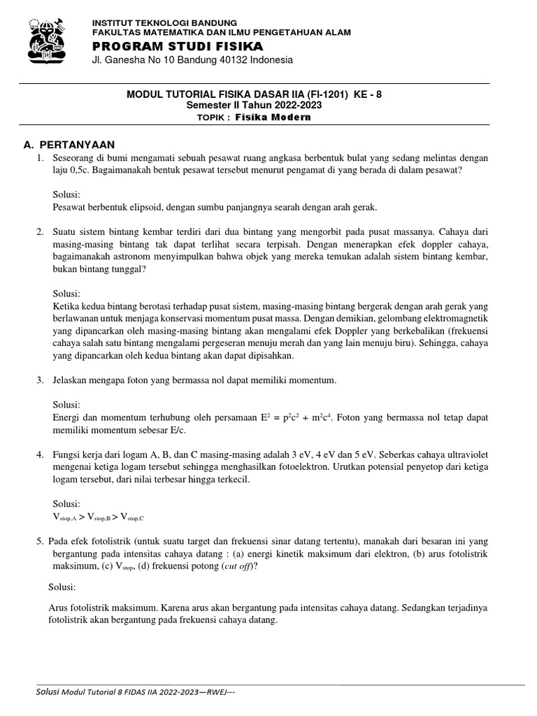 Solusi Tutorial 8 Fisika Dasar 2A ITB | PDF | Sains & Matematika