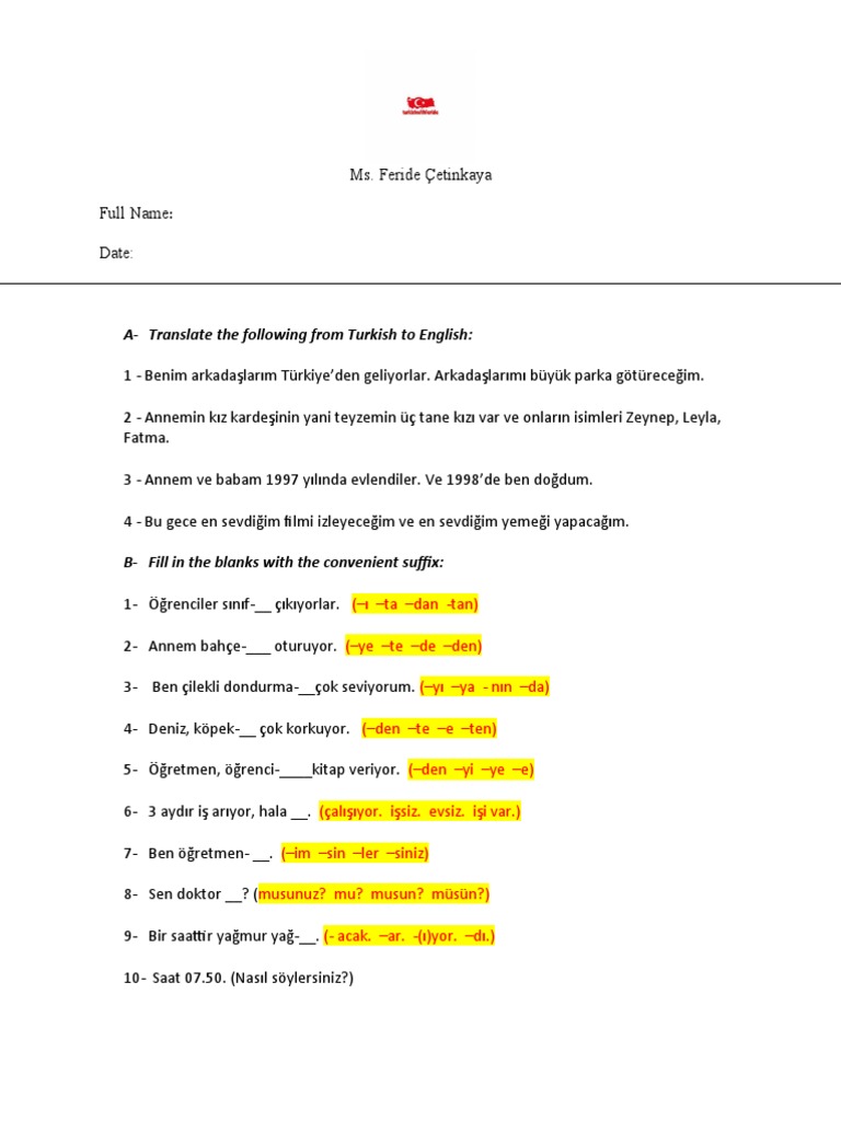 Turkish A1 Level Course Final Exam | PDF