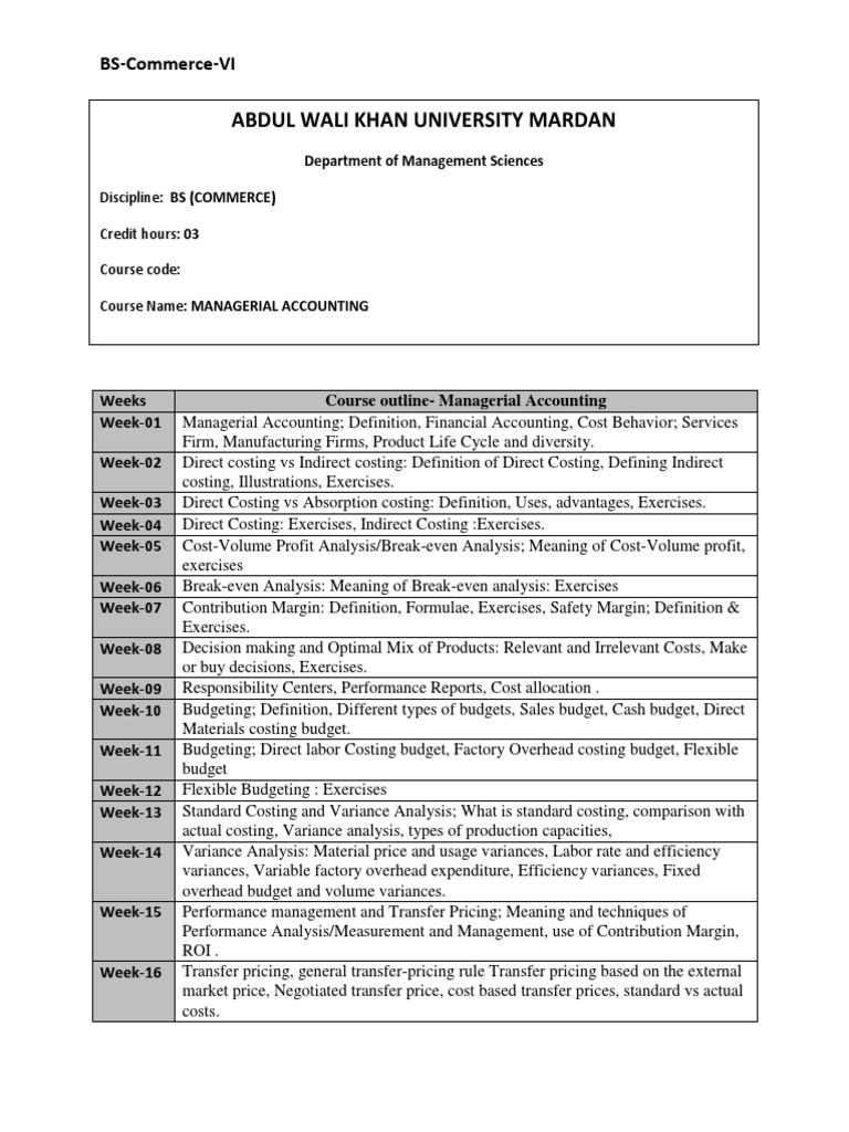 Managerial Accounting Course Outline | PDF | Management Accounting | Cost