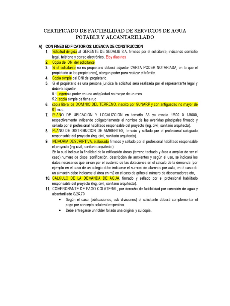 Requisitos para Factibilidad de Agua Sedalib | PDF | Tecnología