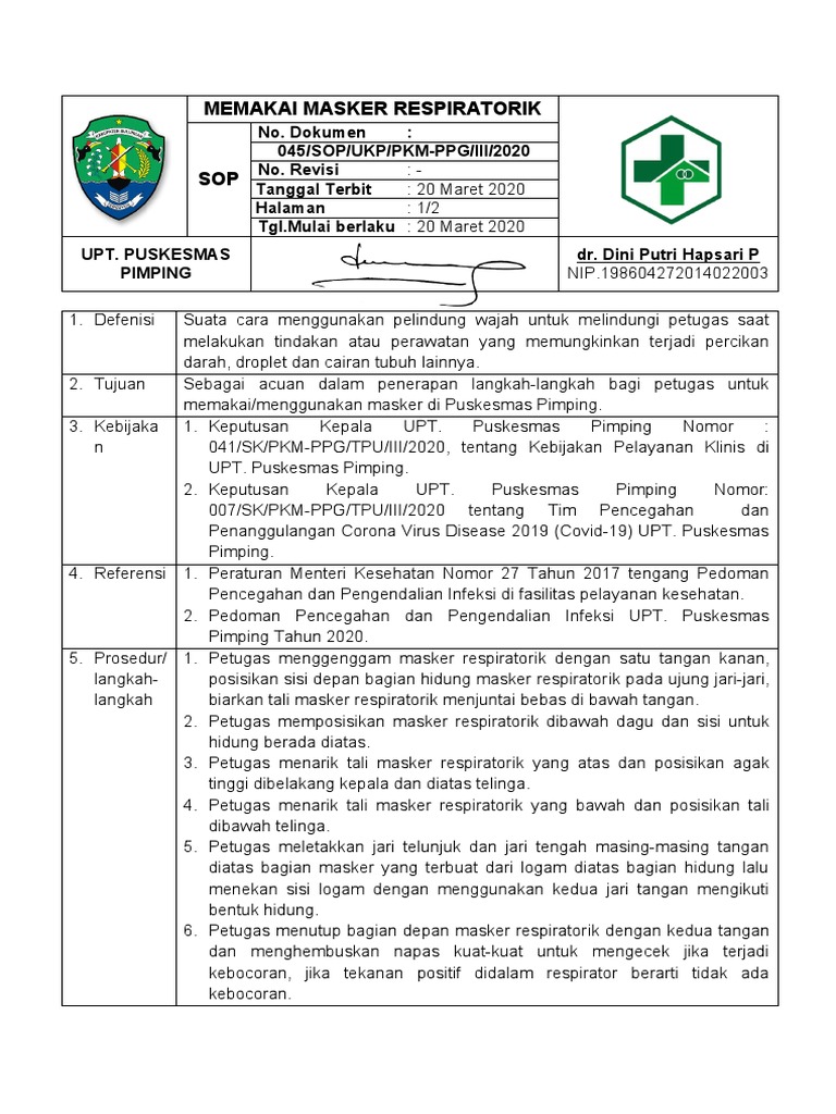 045 - 7.1.4.1 Sop Memakai Masker Respiratorik Ukp 2020 | PDF ...