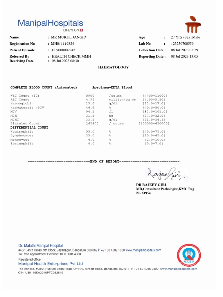Manipal Hospital Blood Test Report | PDF | Self-Improvement