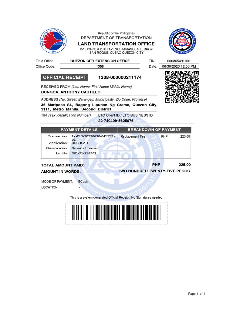 Official Receipt for Driver's License Replacement | PDF