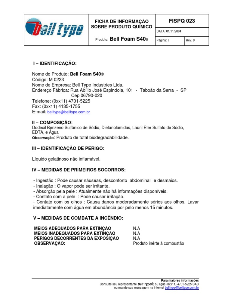Fispq MSDS Bell Foam S40 Bell Type Limp1 | PDF