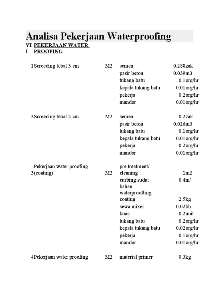 Analisa Pekerjaan Waterproofing | Download Free PDF | Building Materials | Civil Engineering