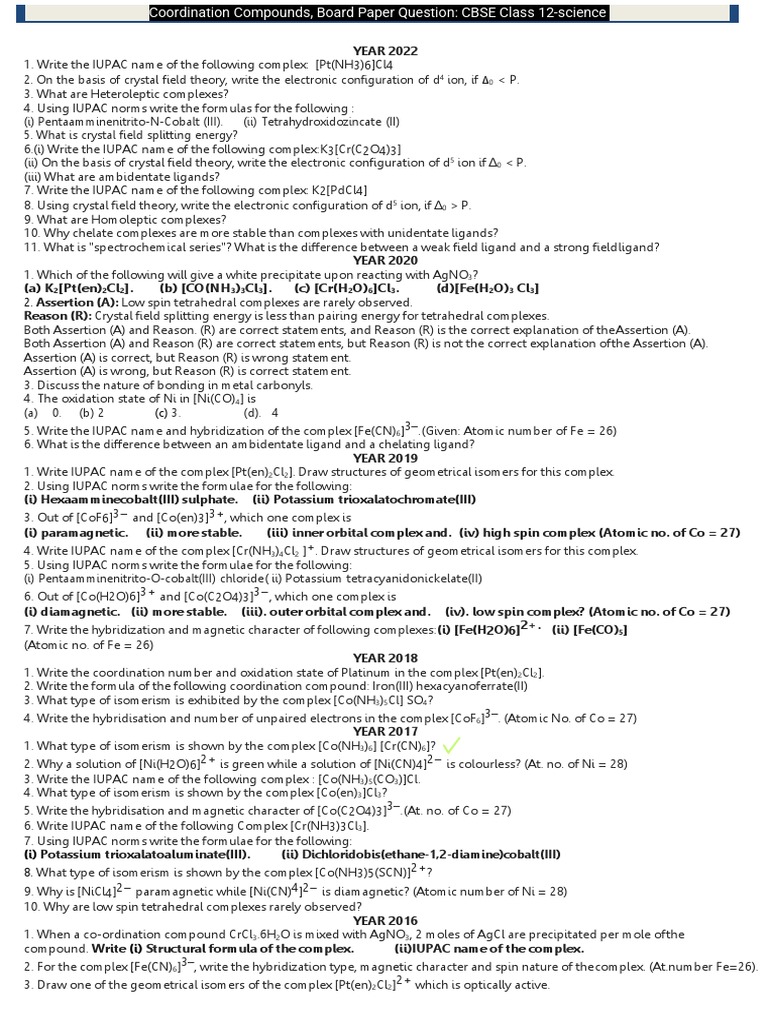 Coordination Compounds Past Papers | PDF
