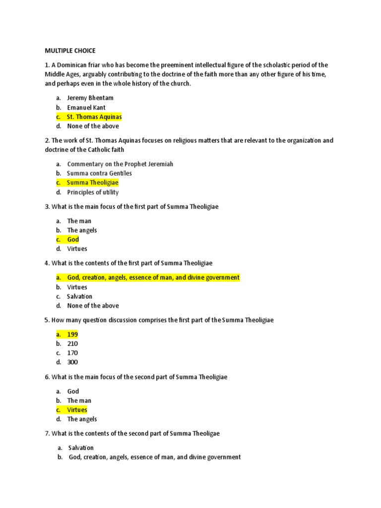 St. Thomas Aquinas Questions | PDF | Thomas Aquinas | Theology