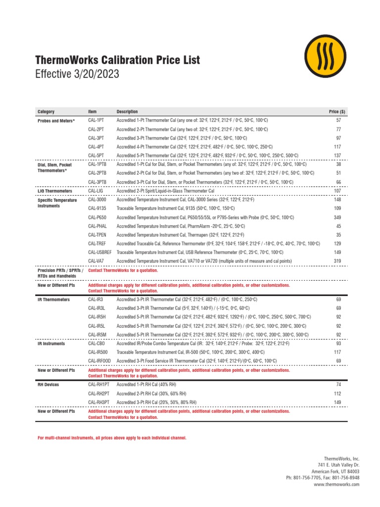 ThermoWorks Calibration Price List | PDF | Thermometer | Calibration