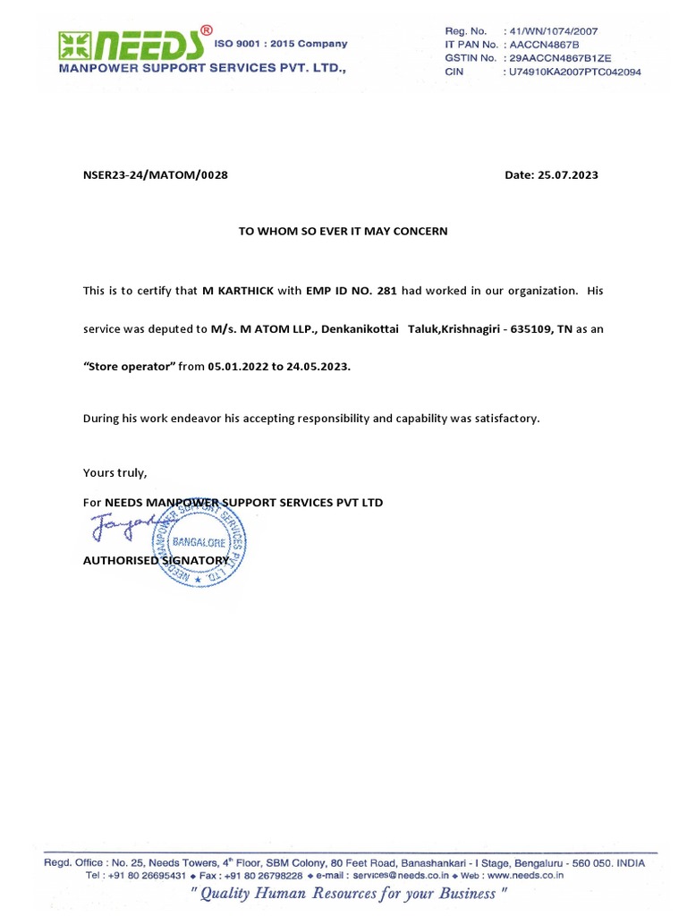 NSER23-24/MATOM/0028 Date: 25.07.2023: Yours Truly, For Needs Manpower ...