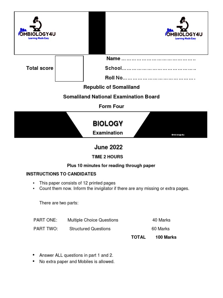 Biology Exam 2022 Form4 | PDF | Biology