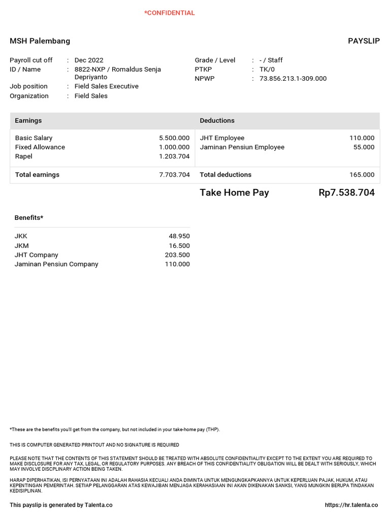 Talenta Payslip PT Andiarta Muzizat Des 2022 Romaldus Senja Depriyanto | PDF