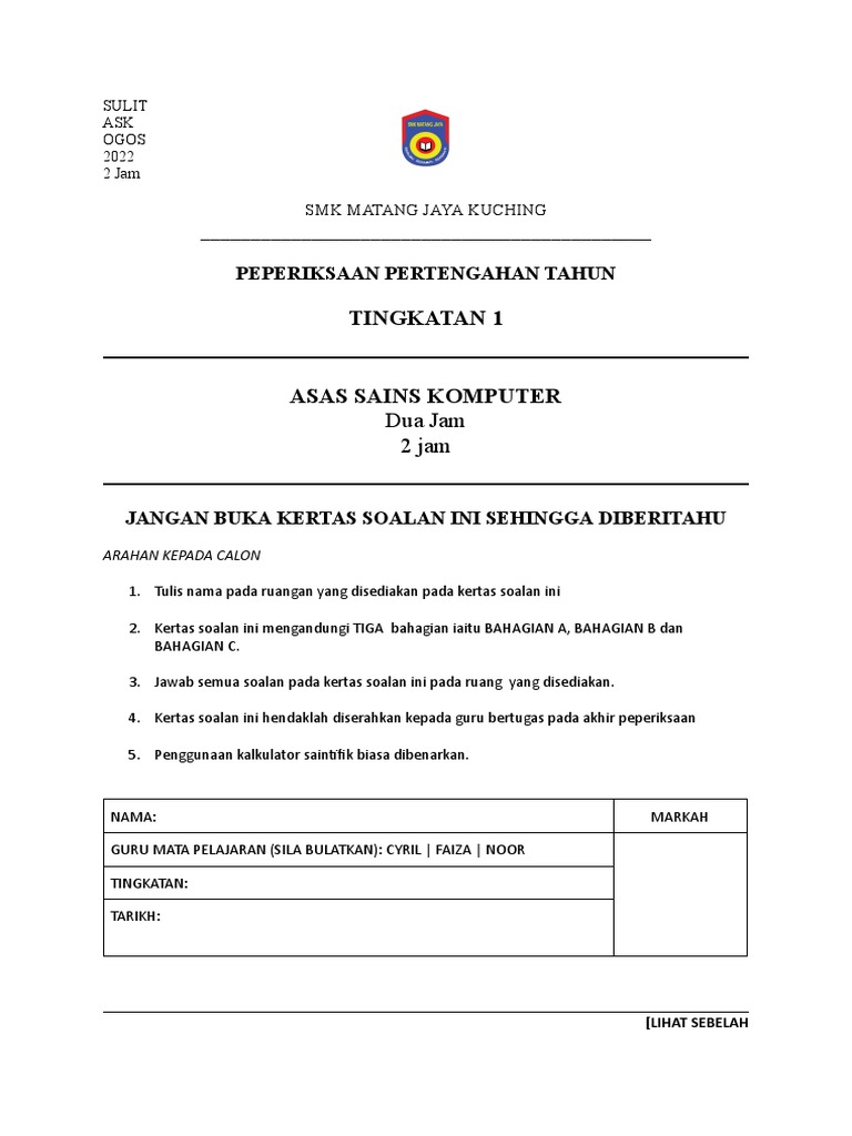 ASK Tingkatan 1 2022 | PDF