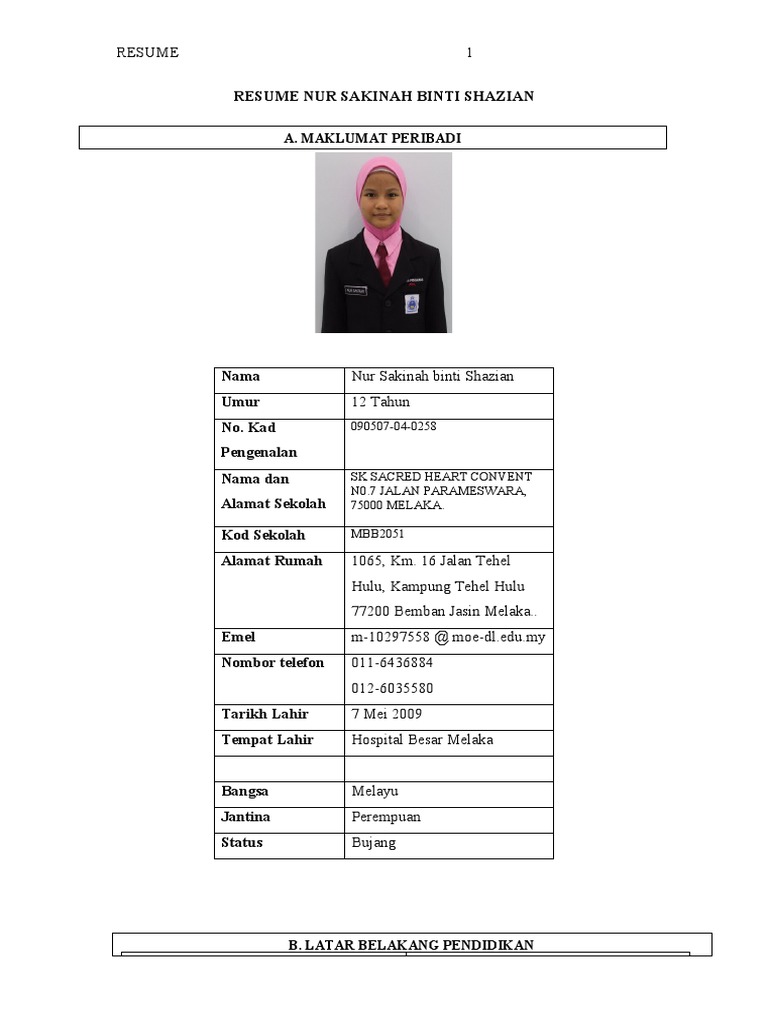 1 Resume: Resume Nur Sakinah Binti Shazian | PDF