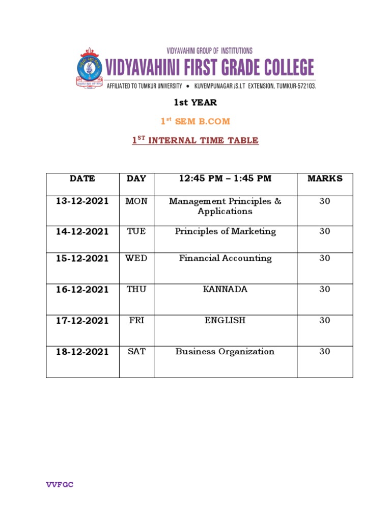 1st Sem Bcom IA Time Table | PDF
