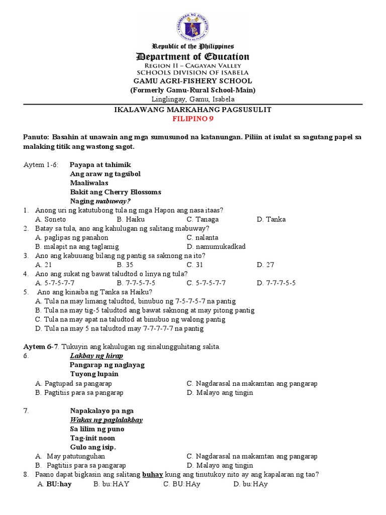 FILIPINO 9. QUARTER 2 EXAM | PDF
