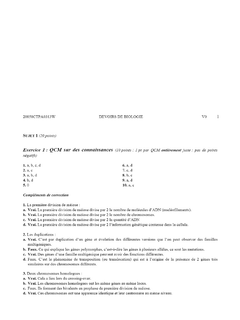 Exercice 1 - QCM Sur Des Connaissances (10 Points - 1 PT Par QCM | PDF