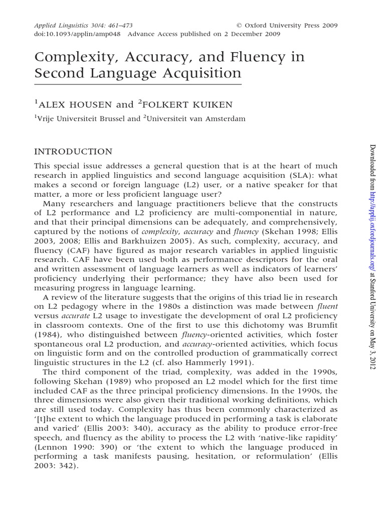 Complexity, Accuracy, and Fluency in Second Language Acquisition Housen2009 | PDF | Fluency ...