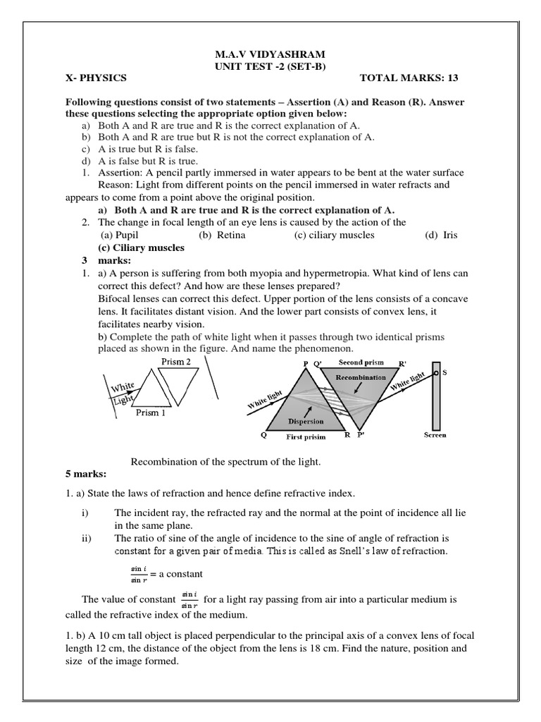 GR 10 Physics Unit Test II QP SET B Answer Key | PDF | Refraction ... GR 10 Physics Unit Test II QP SET B Answer Key | PDF | Refraction ...