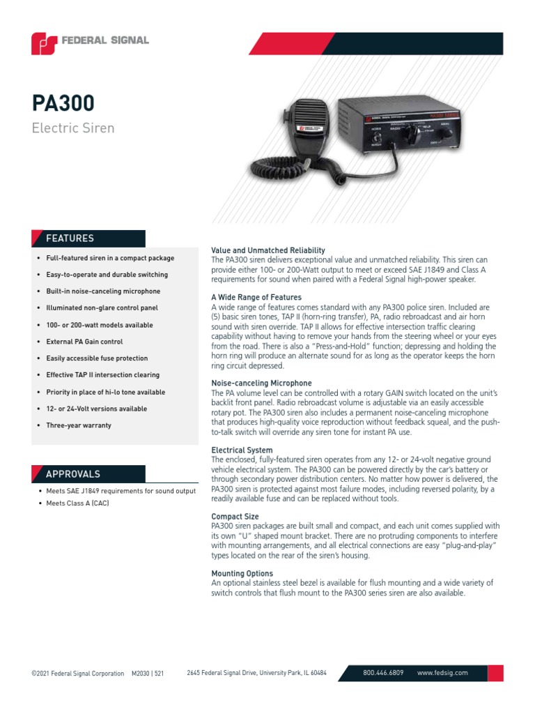 M2030 PA300 Siren Data Sheet 5-2021 | PDF | Switch | Microphone