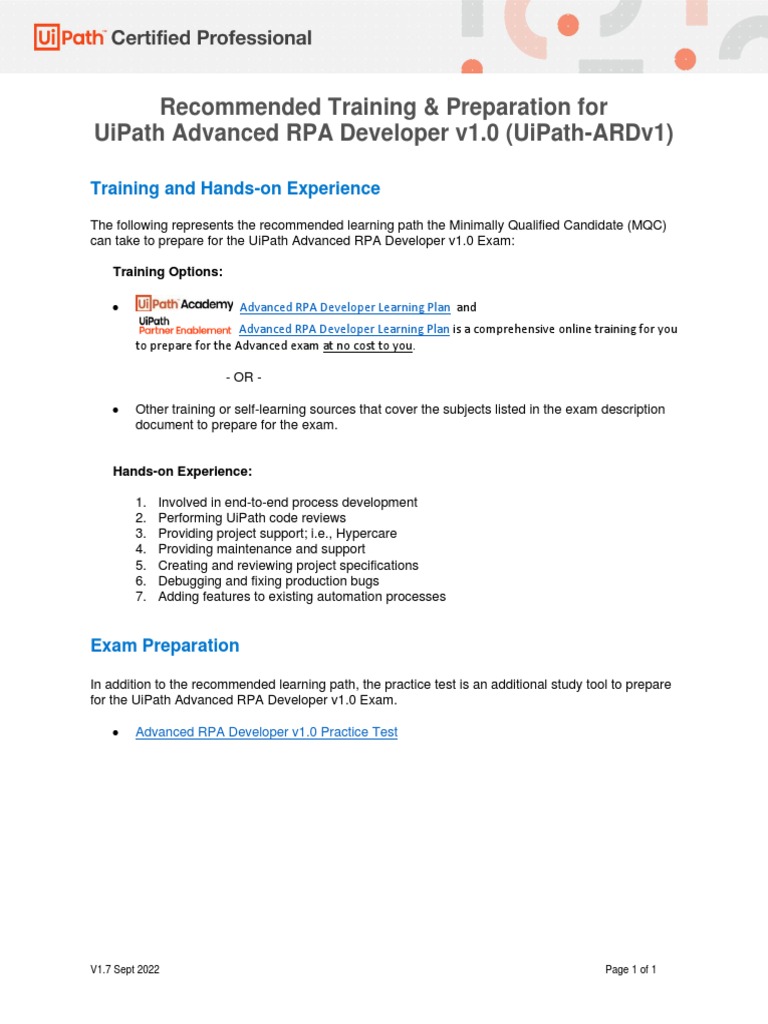 UiPath Certified Professional - Advanced RPA Developer v1.0 Recommended ...