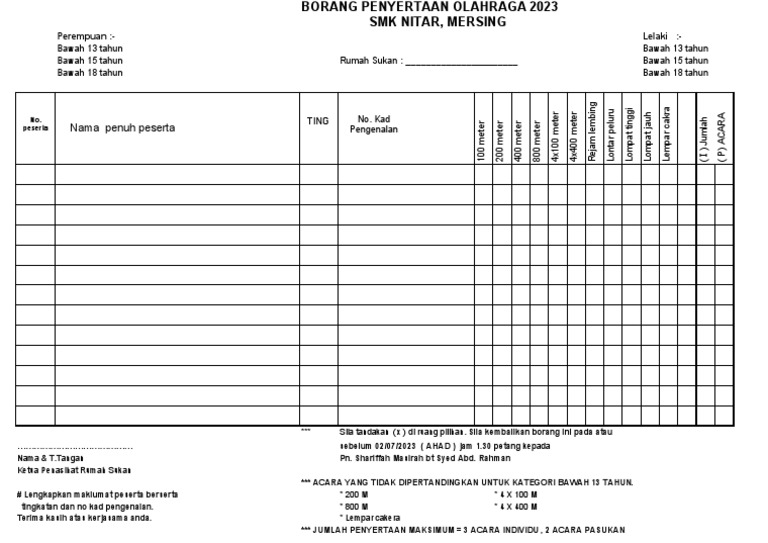 Borang Penyertaan Olahraga 2023 | PDF