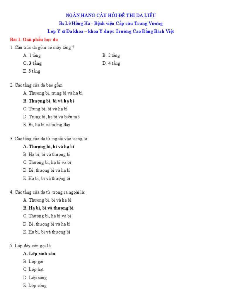 (123doc) Ngan Hang Cau Hoi Trac Nghiem Da Lieu Co Dap An | PDF