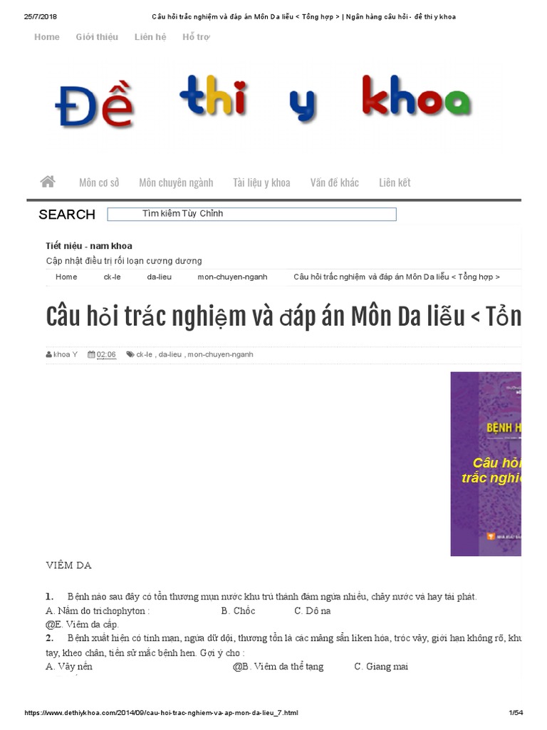 (123doc) Cau Hoi Trac Nghiem Va Dap An Mon Da Lieu Tong Hop Ngan Hang Cau Hoi de Thi y Khoa | PDF