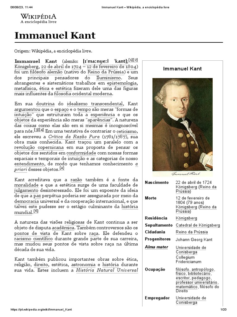 Immanuel Kant - Wikipédia, A Enciclopédia Livre | PDF