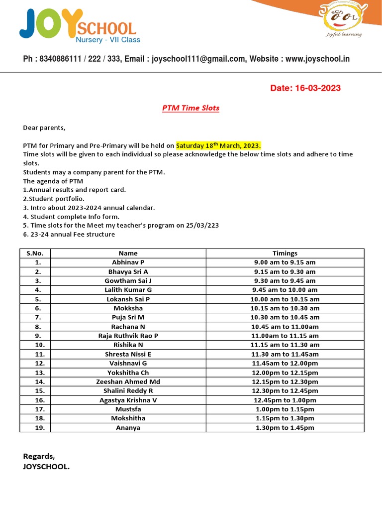 PTM Time Slots - Gr1-1 | PDF