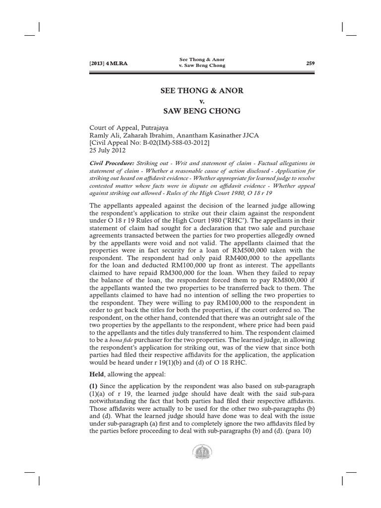 SEE THONG & ANOR V SAW BENG CHONG | PDF | Affidavit | Cause Of Action