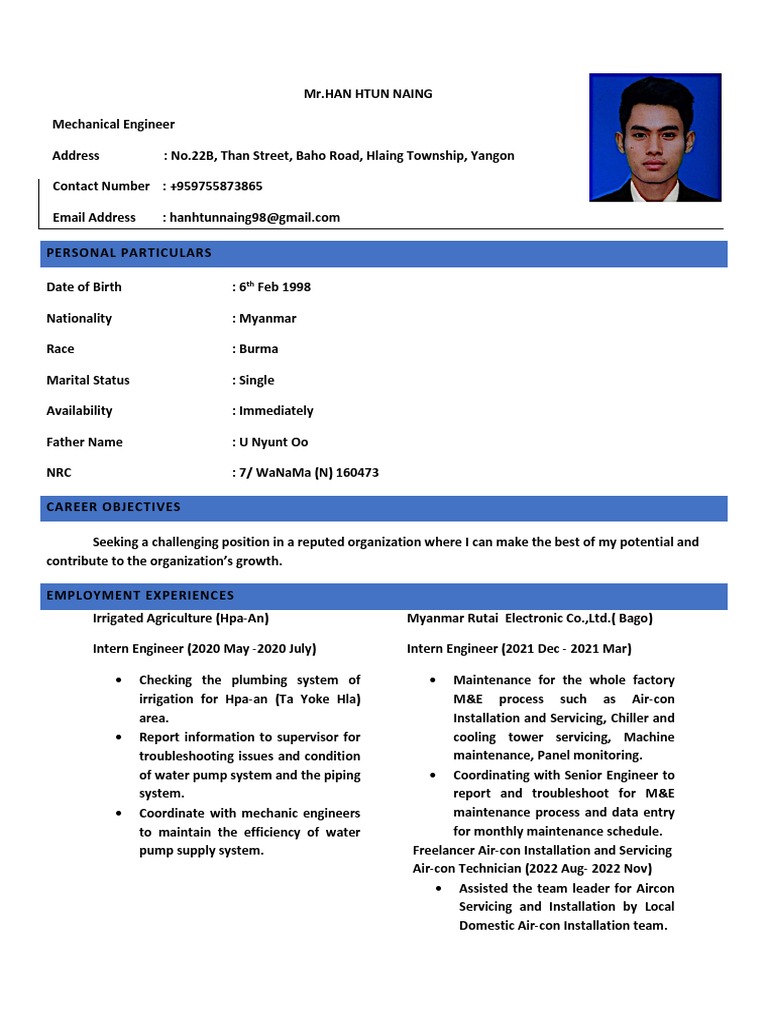 MG Han Htun Naing - Docx CV Uptate | PDF | Air Conditioning | Engineering