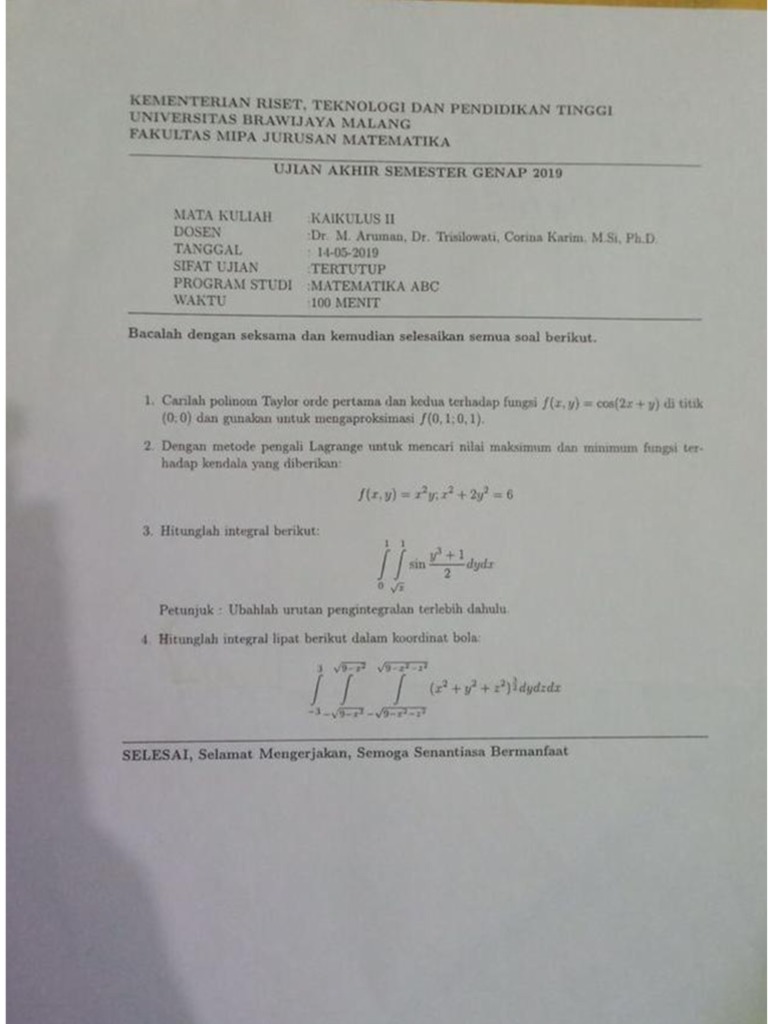 Uas Kalkulus II 2018 | PDF