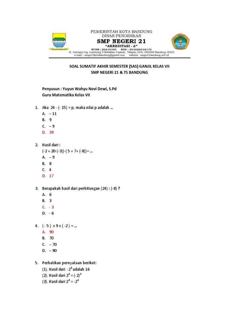 Soal Sumatif Akhir Semester (Sas) Ganjil Kelas Vii | PDF