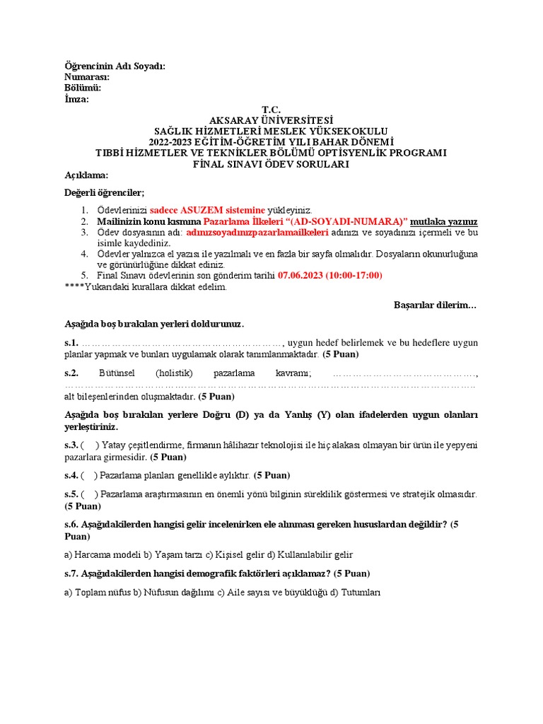 Pazarlama Ilkeleri Final Sinavi Sorulari (1) | PDF