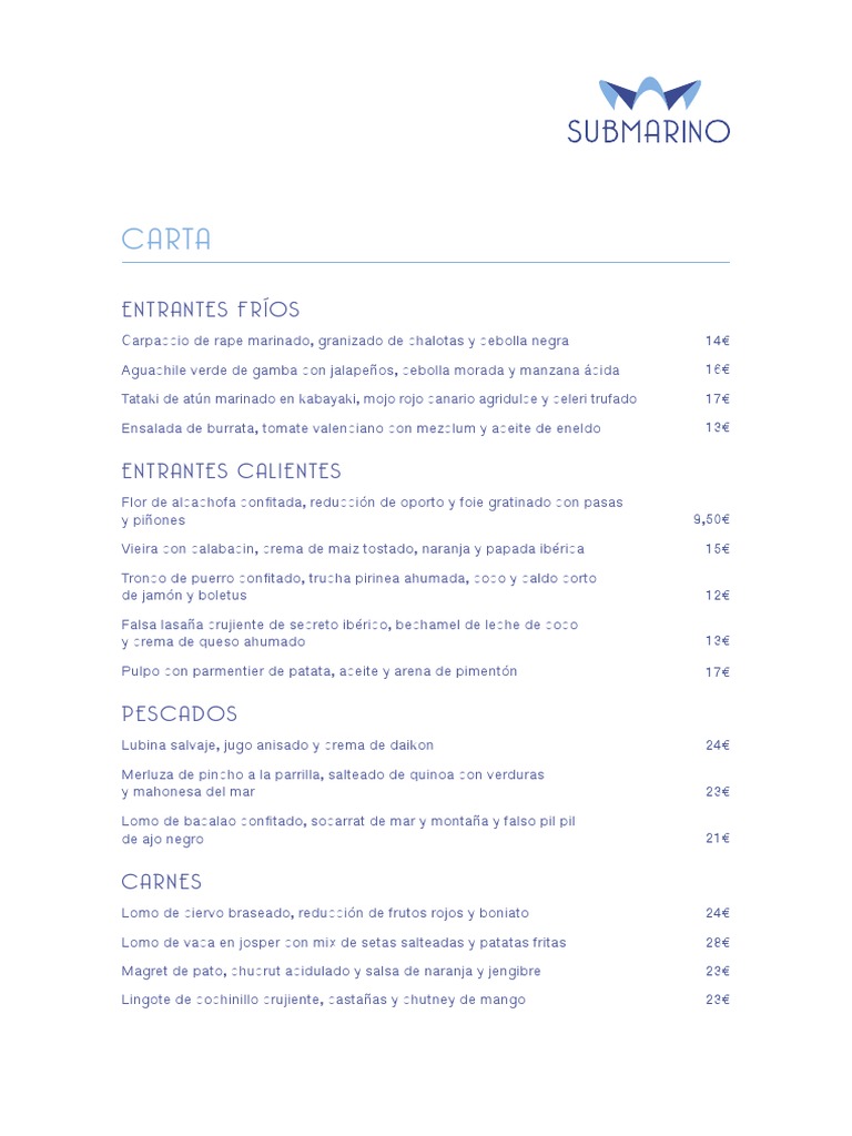 Carta Submarino ES 2023 | PDF | Postres | Mariscos