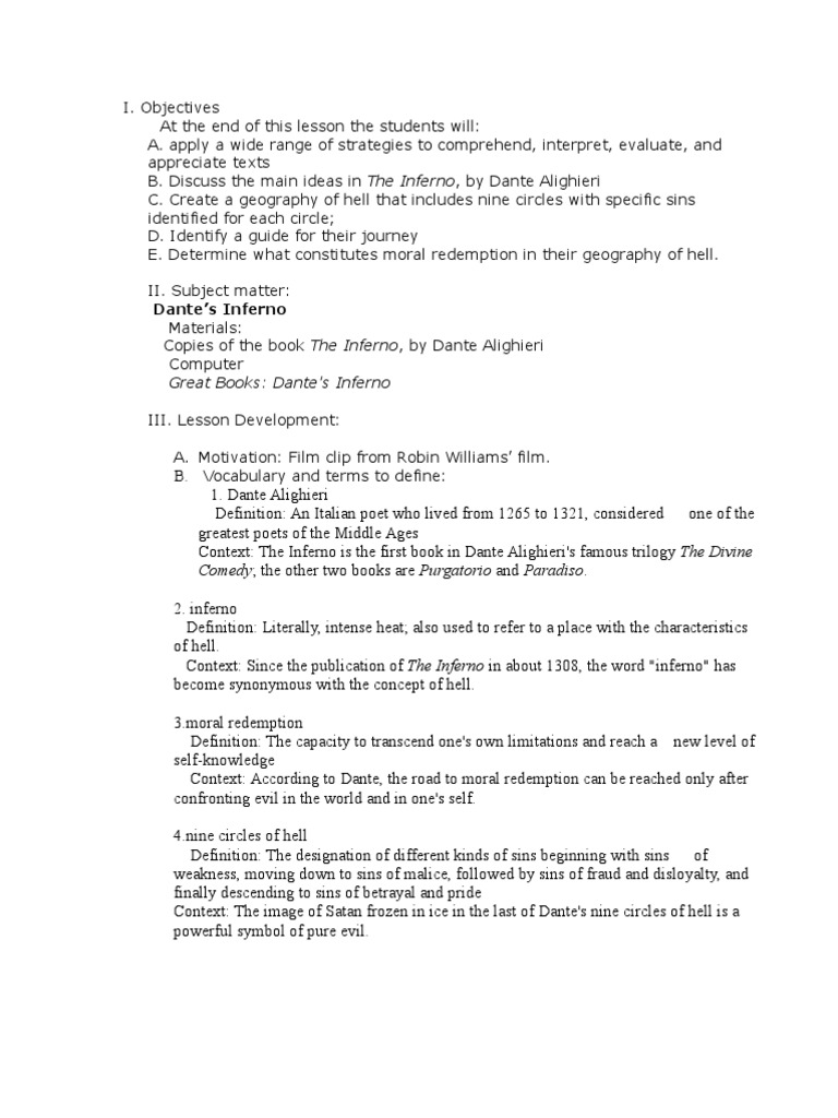 Dante's Inferno Lesson Plan | PDF | Divine Comedy | Inferno (Dante)